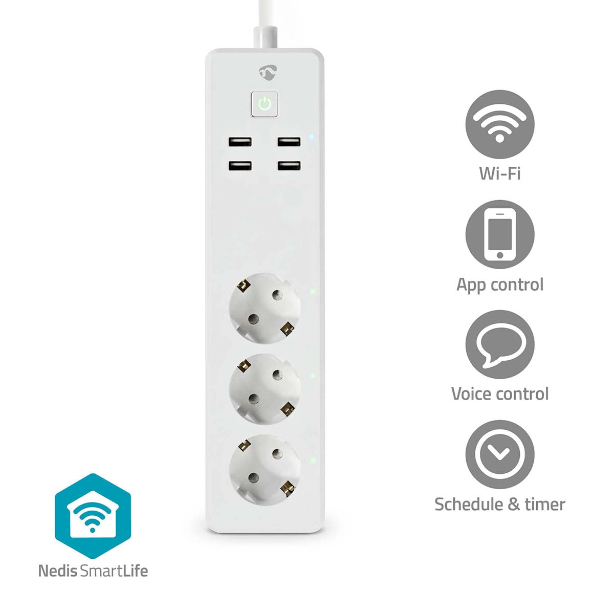 Nedis - SmartLife Stikdåse | Wi-Fi | 3 x EU stik (CEE 7/3) / 4 x USB